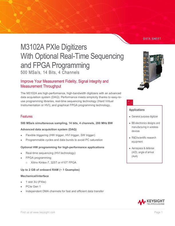 M3102A PXIe Digitizers with Optional Real-Time Sequencing and FPGA Programming PDF Asset Page ...